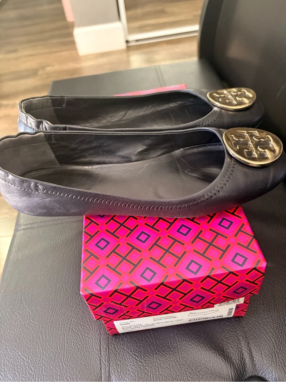 Tory Burch | Shoes | Tory Burch Black Leather Flats With Gold Logo ...